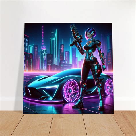 Cyberpunk Styled Netrunner Girl Next To Her Neon Car Canvas Etsy