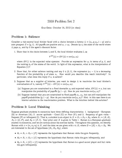 Seminar Assignments Problem Set With Solutions Problem Set Due Date October