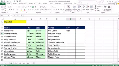 Excel 2013 Preview 2 Flash Fill To Extract First And Last Names From