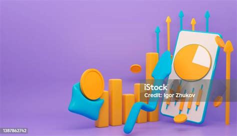 성장 주차트 통계 시간이 지남에 따라 자산 성장 전화 화살표 동전 봉투 로켓 그래프 긍정적 인 추세 세계 경제의 성장 보라색 배경에 3d 렌더링 그림 데이터에 대한 스톡