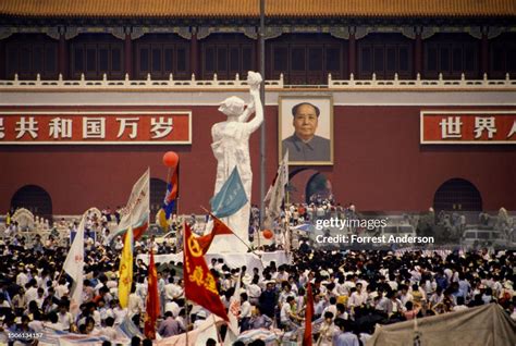 View Over Protestors Of The Goddess Of Democracy Statue During A