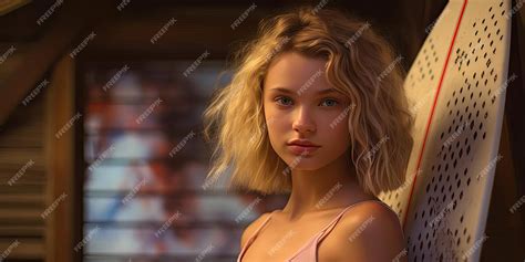 Premium Ai Image A Short Blond Haired Girl And A Surfboard In The
