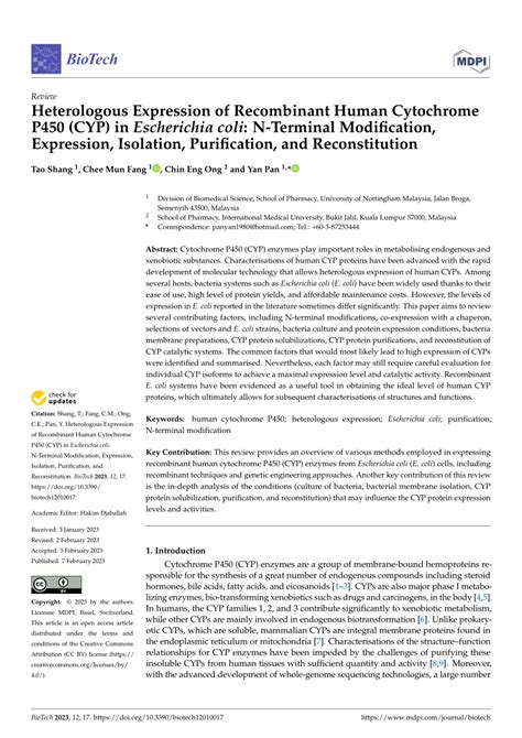 Pdf Heterologous Expression Of Recombinant Human Cytochrome P450 Cyp In Escherichia Coli N