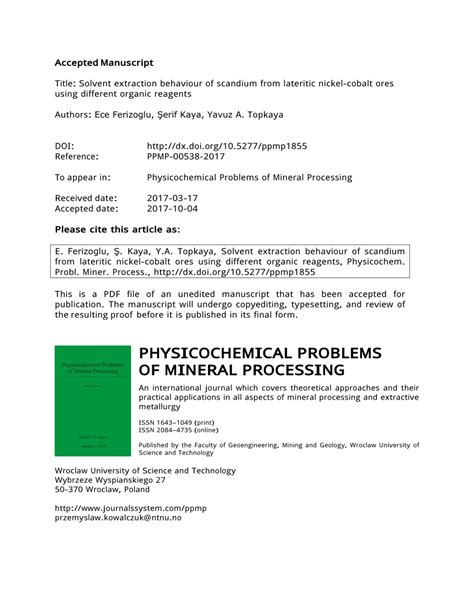 Pdf Solvent Extraction Behaviour Of Scandium From Lateritic Nickel