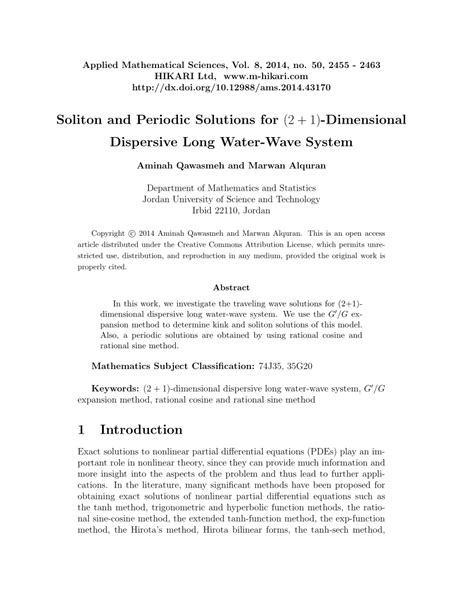 Pdf Soliton And Periodic Solutions For 2 1 Dimensional Dispersive Long Water Wave System