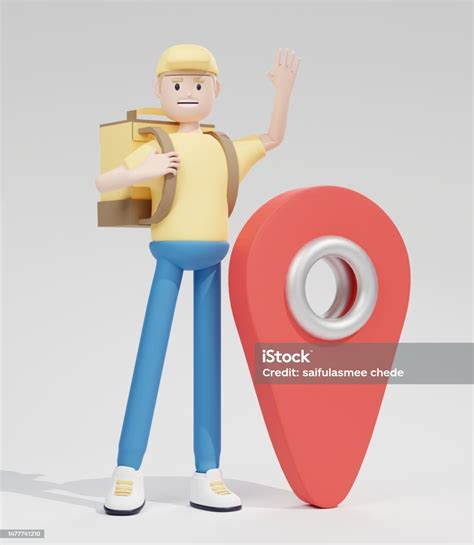 배달원들은 큰 가방과 빨간 다리가 있는 노란색 스탠딩 유니폼을 입고 있습니다 3d 렌더링 그림입니다 만화 캐릭터 안전한 배달 개념 3차원 형태에 대한 스톡 사진 및 기타