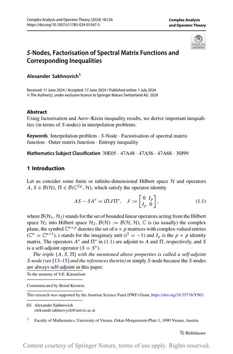 S Nodes Factorisation Of Spectral Matrix Functions And Corresponding