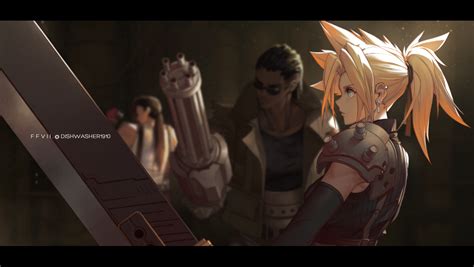 Safebooru 1boy 2girls Barret Wallace Black Hair Blonde Hair Blurry