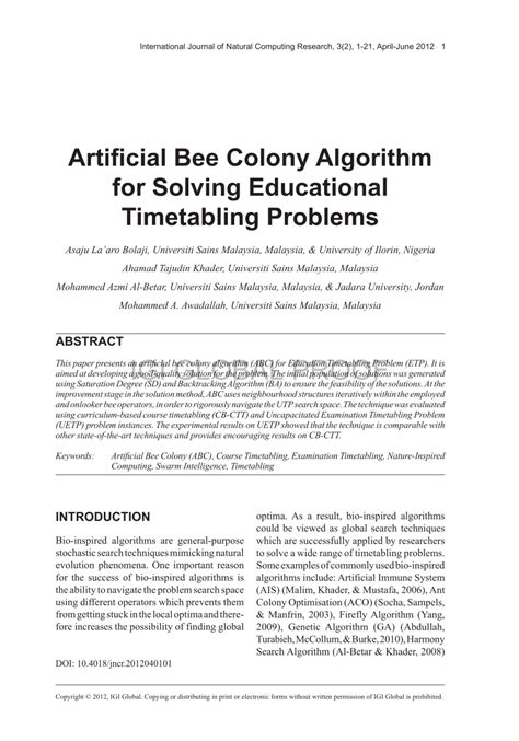pdf artificial bee colony algorithm for solving educational