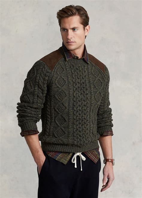 Suede Patch Aran Wool Sweater Mens Cable Knit Sweater Brown Long