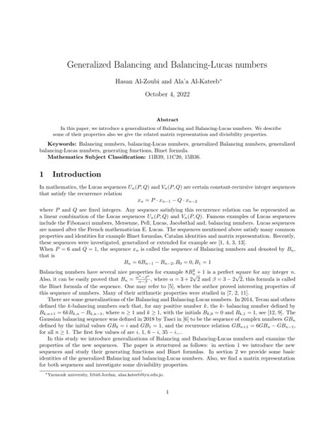 Pdf Generalized Balancing And Balancing Lucas Numbers