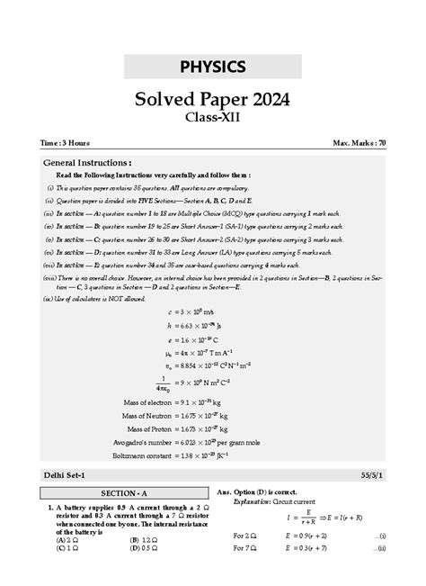 Class 12 Physics Paper 2024 Physics Solved Paper 2024 Class Xii Time 3 Hours Max Marks 70
