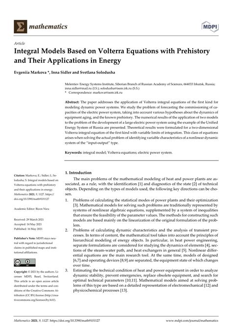 Pdf Integral Models Based On Volterra Equations With Prehistory And Their Applications In Energy