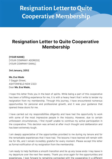 Free Resignation Letter To Quite Cooperative Membership Template To