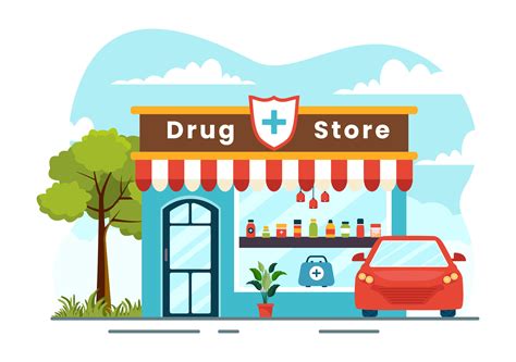 Fármaco Tienda Vector Ilustración Con Tienda Para El Rebaja De Drogas Un Farmacéutico