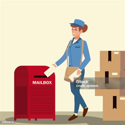 봉투 사서함과 골판지 상자를 가진 우편 서비스 여성 노동자 대형에 대한 스톡 벡터 아트 및 기타 이미지 대형 배경 주제 배달 Istock