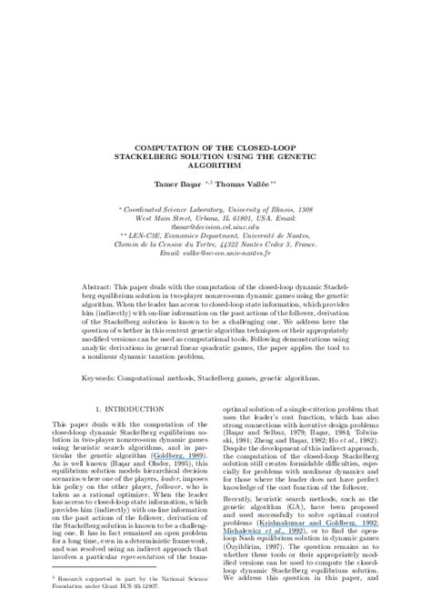 Pdf Computation Of The Closed Loop Stackelberg Solution Using The Genetic Algorithm Tamer