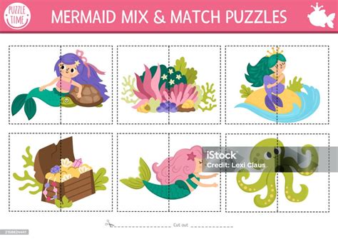 벡터 인어 믹스 앤 매치 퍼즐 귀여운 바다 공주 미취학 아동을 위한 동화 속 바다 왕국 활동 보물 상자 문어 해초가 있는 해양 교육 인쇄 게임 0명에 대한 스톡 벡터 아트