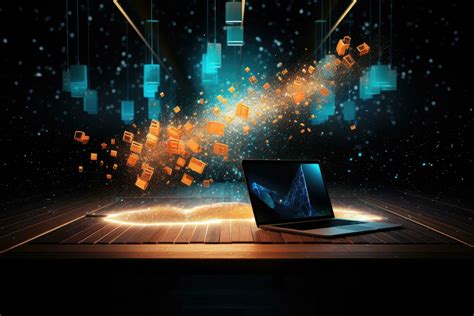 Conceptual Image With Glowing Laptop On Wooden Table 3d Rendering Futuristic Workspace With