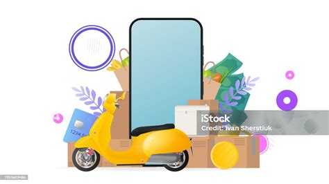 배달의 주제에 콜라주 음식 선반 전화 금화 골판지 상자 식료품종이 봉투가있는 노란색 스쿠터 온라인 주문 및 식품 및 배송의 배송의 개념 개념에 대한 스톡 벡터 아트 및 기타