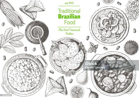 브라질 요리 탑 뷰 프레임 파로파 모케카 페이조다 고기 페이스트리 메이트 티가 있는 브라질 식 메뉴 디자인 빈티지 손으로 그린
