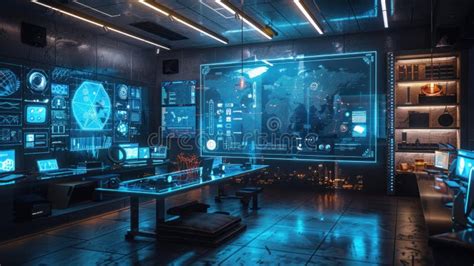 High Tech Control Room Featuring State Of The Art Global Monitoring Screens Highlighting