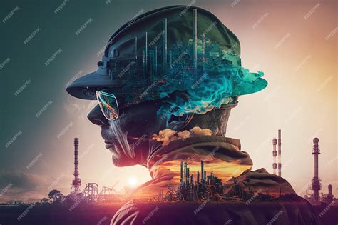 에너지 부문 및 미래 제조의 개념적 그래픽 디자인 이중 노출 아트워크를 통해 석유 가스 및 석유화학 정유 시설은 전력의 미래를 보여줍니다 Generative Ai