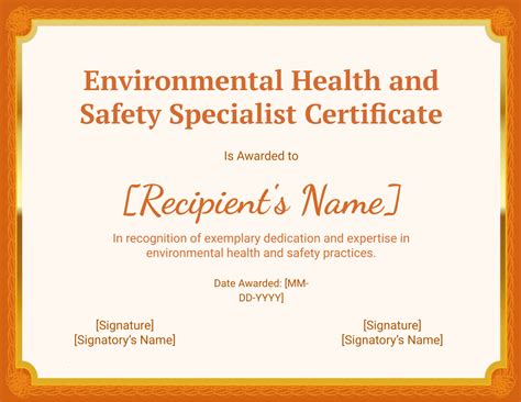 Free Environmental Health And Safety Specialist Certificate Template To Edit Online