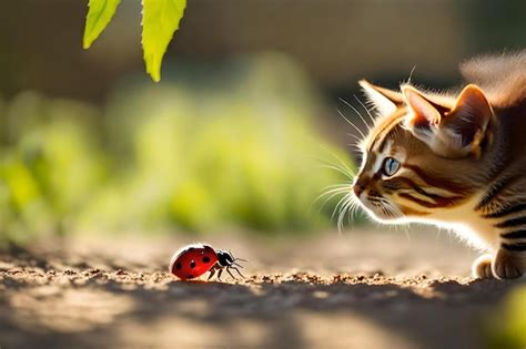 Premium Ai Image A Cat And A Ladybug Looking At A Ladybug