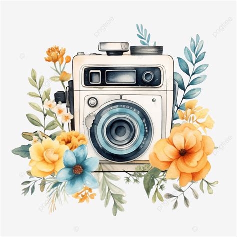 수채화 꽃 잎과 꽃 인공 지능 생성이 포함된 빈티지 오래된 폴라로이드 카메라 수채화 포도 수확 카메라 Png 일러스트 및 이미지 에 대한 무료 다운로드 Pngtree