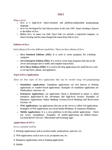 Unit 1 Introduction To Java Notes Jan 2025 Pdf Programming