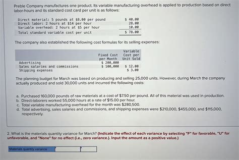 Solved Preble Company Manufactures One Product Its Variable