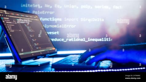 Abstract Software Development Concept With Code And Laptop On Blurred Background Representing