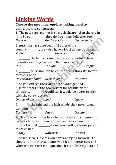 Linking Words Exercises ESL Worksheet By Simourb