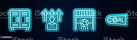 라인 사물함 또는 탈의실 축구 축구 선수 골 및 골 축구를 설정하십시오 빛나는 네온 아이콘입니다 벡터 0명에 대한 스톡 벡터 아트 및 기타 이미지 Istock