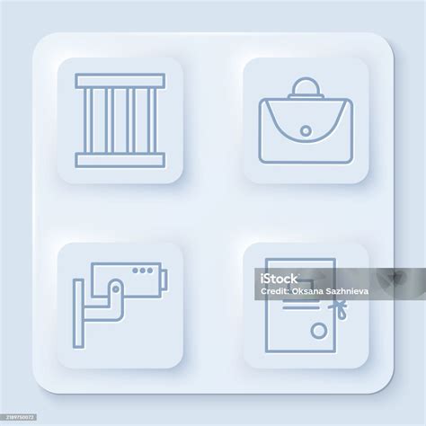라인 교도소 창문 서류 가방 보안 카메라 및 소송 종이를 설정합니다 흰색 사각형 버튼입니다 벡터 가방에 대한 스톡 벡터 아트 및 기타 이미지 Istock