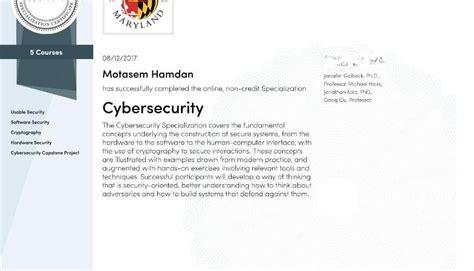 cybersecurity specialization coursera and university of maryland review