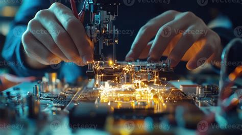 Electronic Engineer Assembling Modern Microchip Using Precision Robotic