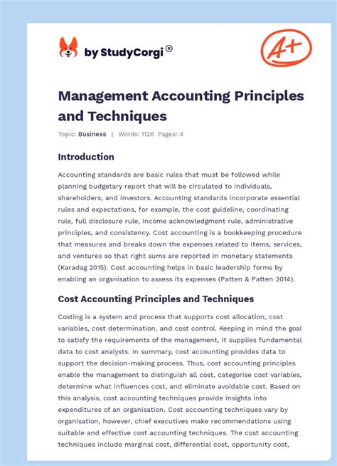 Management Accounting Principles And Techniques Free Essay Example