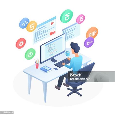 컴퓨터 프로그램을 코딩하는 소프트웨어 엔지니어 개발자 사무실에 대한 스톡 벡터 아트 및 기타 이미지 사무실 Php