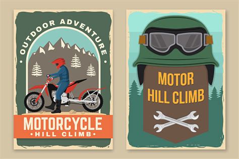 오토바이 언덕 오르기 복고풍 포스터 세트 벡터 산에서 극한의 점프와 경주를 위한 오토바이를 이용한 익스트림 스포츠 여행 주제에 대한 스톡 벡터 아트 및 기타 이미지 Istock
