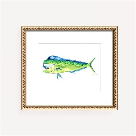 Coastal Wall Art Fish Print Watercolor Blue Green And Yellow Mahi Mahi