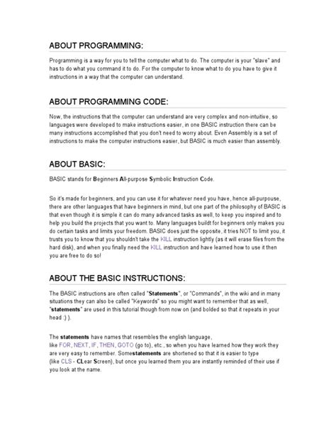 An Introduction To Programming In Basic Covering Key Concepts Like
