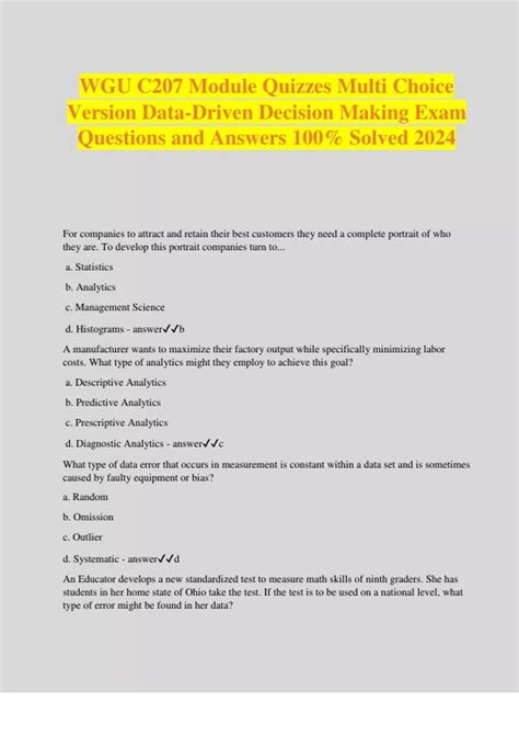 WGU C Module Quizzes Multi Choice Version Data Driven Decision Making Exam Questions And