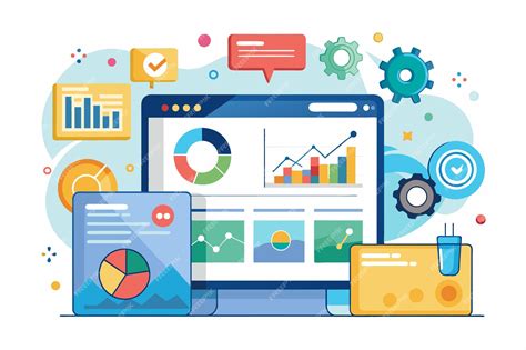 Premium Vector Colorful Data Visualization On Computer Screen With Charts Graphs And Icons