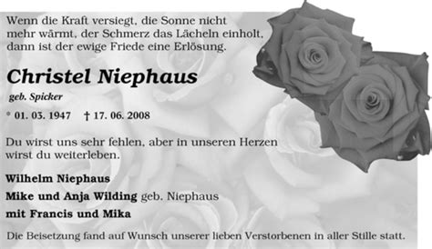 Traueranzeigen Von Christel Niephaus Trauer In Nrw De