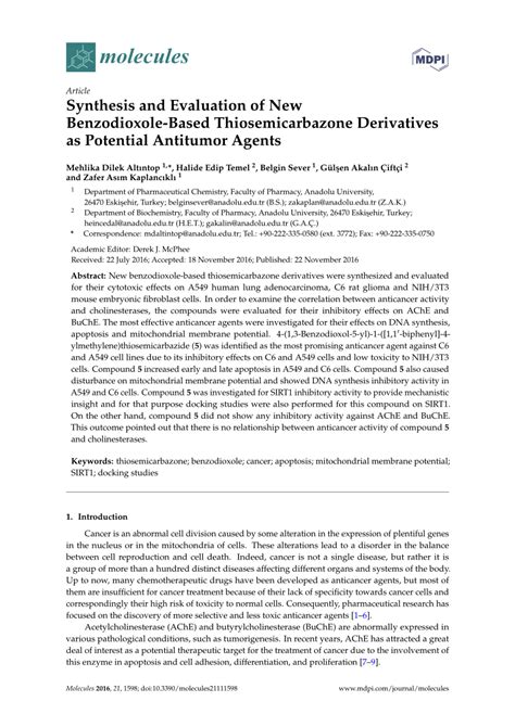 Pdf Synthesis And Evaluation Of New Benzodioxole Based Thiosemicarbazone Derivatives As