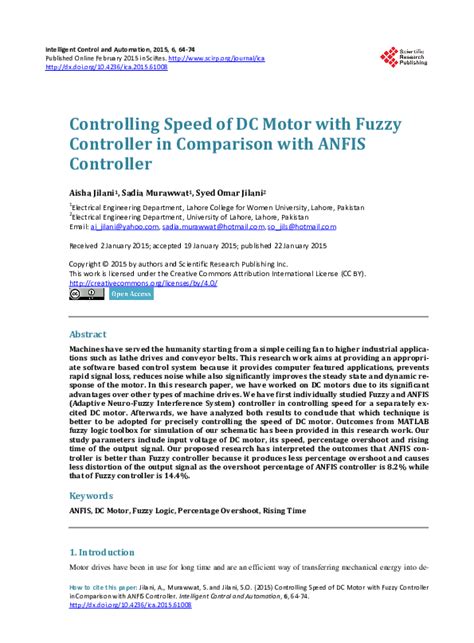 Pdf Controlling Speed Of Dc Motor With Fuzzy Controller In Comparison With Anfis Controller