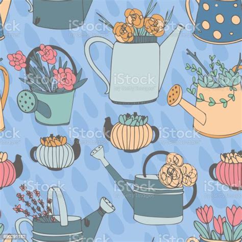귀여운 손 그려진 여름 부케와 벡터 물을 수 있습니다 원활한 벡터 패턴 가정용 장비에 대한 스톡 벡터 아트 및 기타 이미지 가정용 장비 계절 귀여운 Istock
