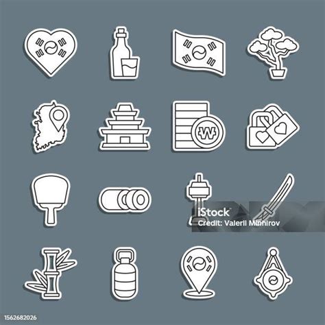 한국 랜턴 카타나 마음으로 잠그기 남쪽 깃발 사원 지도 사랑과 동전 아이콘을 설정합니다 벡터 0명에 대한 스톡 벡터 아트 및 기타 이미지 Istock